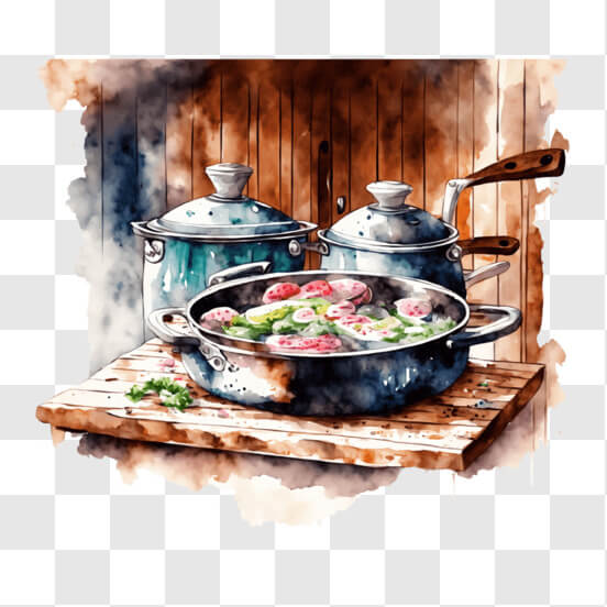 Download Watercolor Painting of Pots, Pans, and Vegetables PNGs Online ...