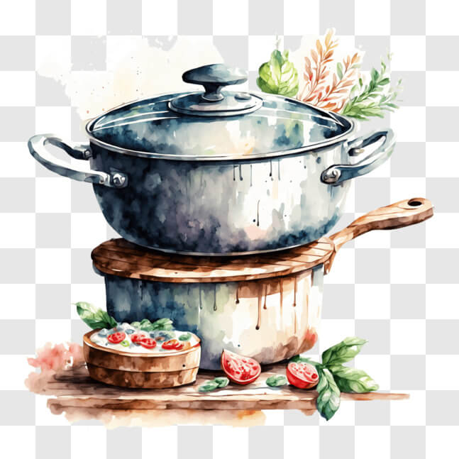 Download Watercolor Painting of Pots, Pans, and Vegetables PNGs Online ...