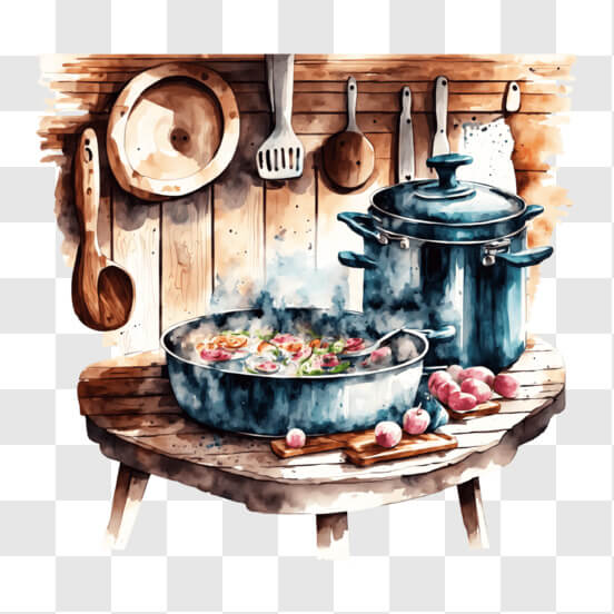 Download Watercolor Painting of Kitchen Pots and Pans PNGs Online ...