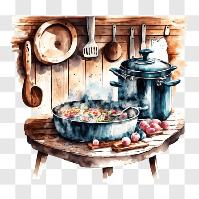 Download Watercolor Painting of an Open Kitchen with Pots and Pans PNGs ...