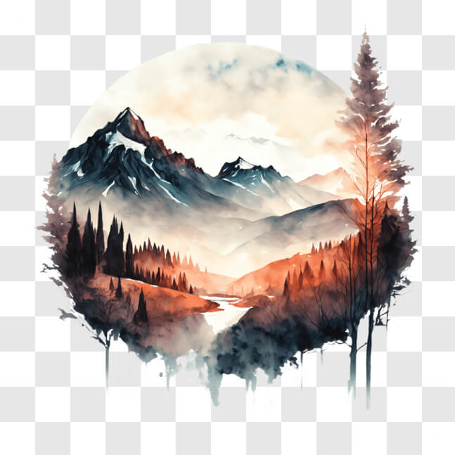 Download Abstract Mountain Landscape Painting with Trees and Water PNGs ...