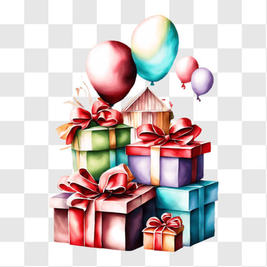 Download Colorful Birthday Gift Boxes with Balloons and Ribbons PNGs ...