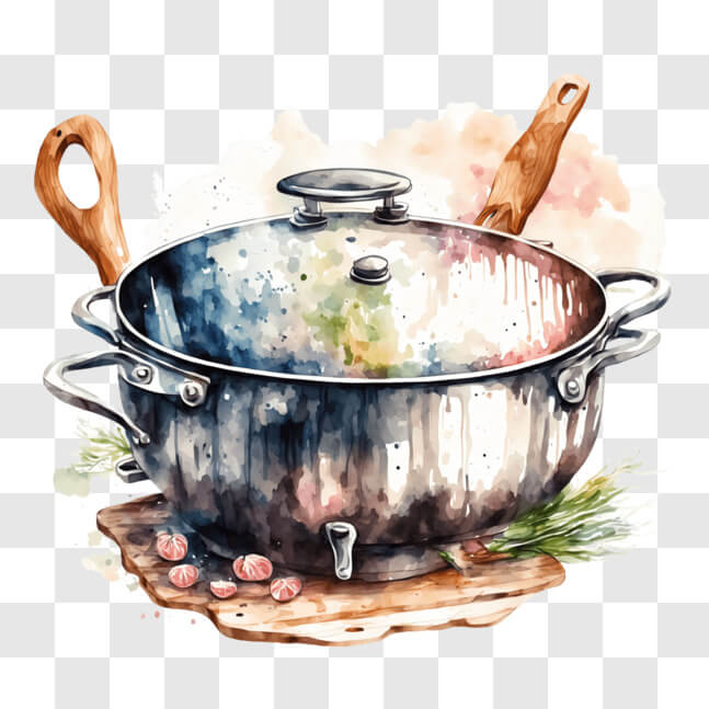 Download Watercolor Painting of Enameled Pot with Cooking Utensils PNGs ...