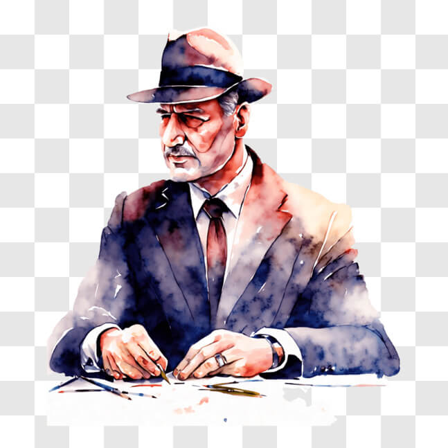 Download Elegant Man Writing at Desk - Watercolor Painting PNGs Online ...