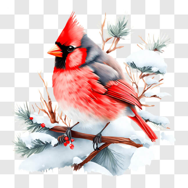 Download Red Cardinal Bird on Snowy Evergreen Branch PNGs Online ...