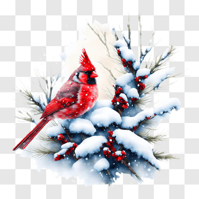 Download Red Cardinal on Snow-Covered Branches and Berries PNGs Online ...