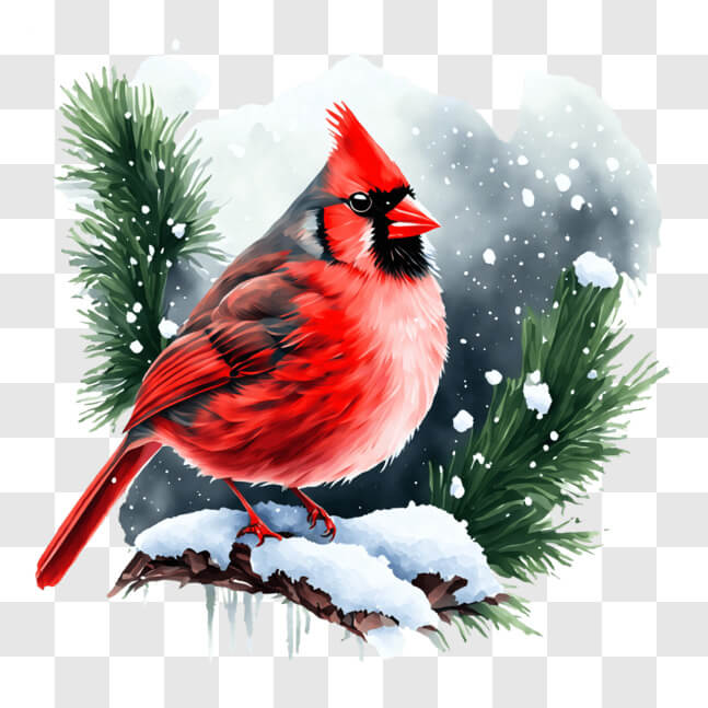 Download Red Cardinal Bird on Snow-Covered Evergreen Branch PNGs Online ...