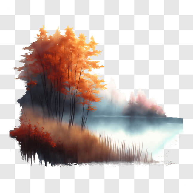 Download Autumnal Landscape Painting with Trees and Lake PNGs Online ...