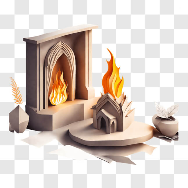 Download 3D Paper Fireplace Interior with Books and Plants PNGs Online ...
