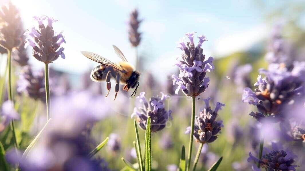 Bee and Lavender Flowers: A Nature's Harmony stock photo | Creative Fabrica
