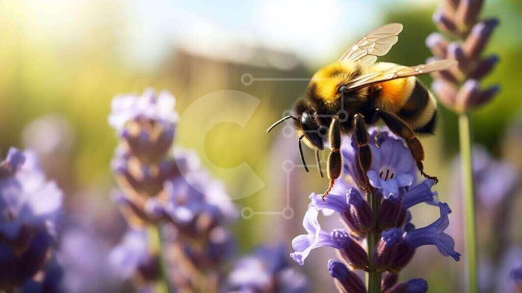 Bee Pollinating Lavender Flowers Close-up stock photo | Creative Fabrica