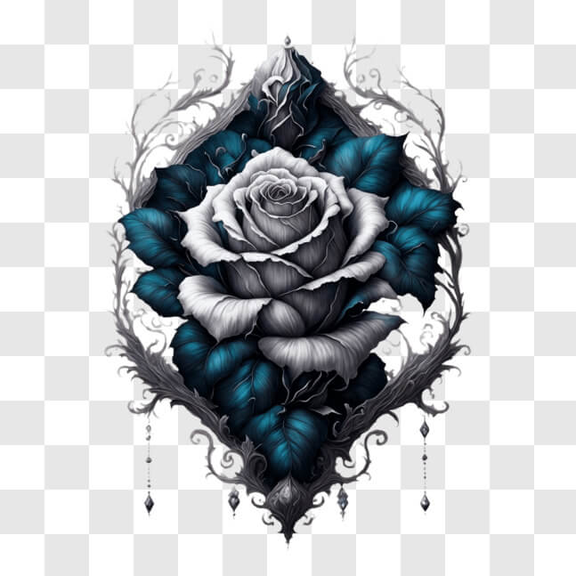 Download Gothic Style Black and White Rose in Ornate Frame with Blue ...
