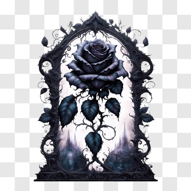 Download Black Rose in Ornate Frame with Vines and Leaves PNGs Online ...