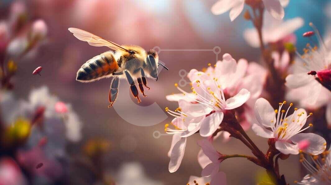 Bee Pollinating Pink Blossoms in Natural Setting stock photo | Creative ...