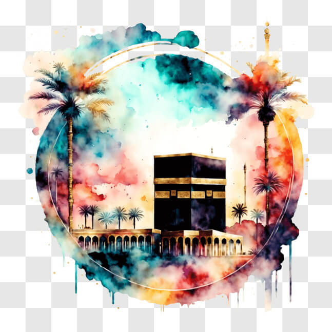 Download Watercolor Painting of Kaaba and Palm Trees in Mecca PNGs ...