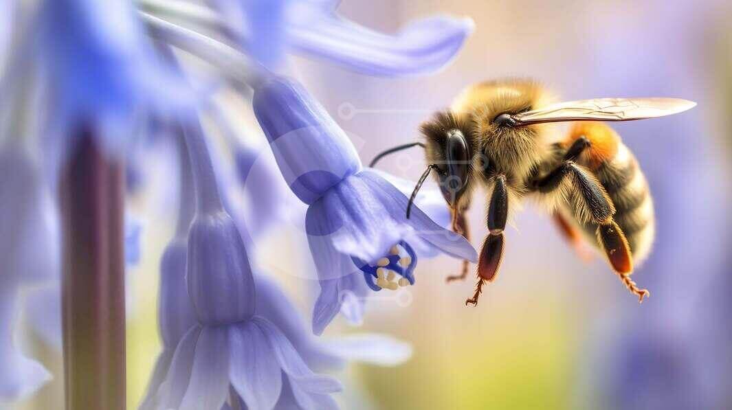 Bee and Blue Flowers Close-Up stock photo | Creative Fabrica