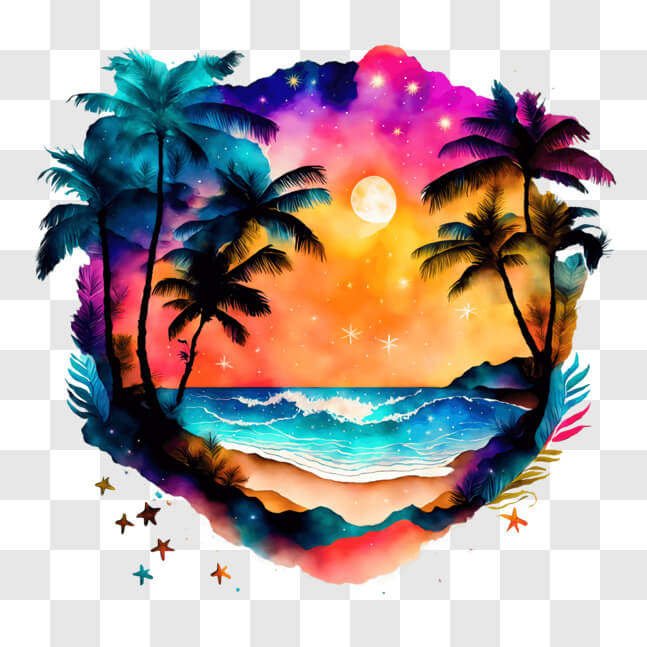 Download Colorful Beach Sunset with Palm Trees and Stars PNGs Online ...
