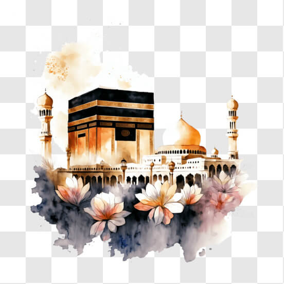 Download Kaaba Mosque Watercolor Painting with White Flowers PNGs ...
