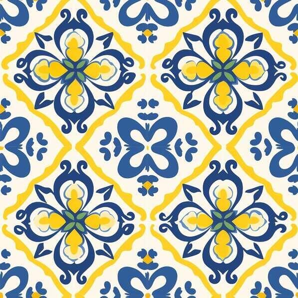 Download Blue and Yellow Tile Pattern with Floral Ornaments on White ...