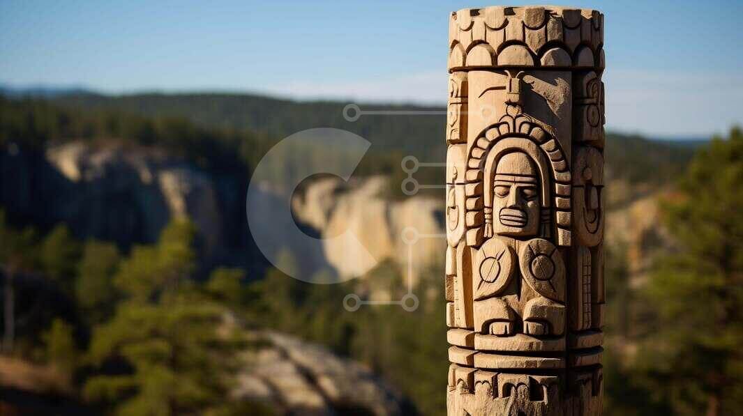 Intricately Carved Wooden Pole with Indian Head Design in Natural ...