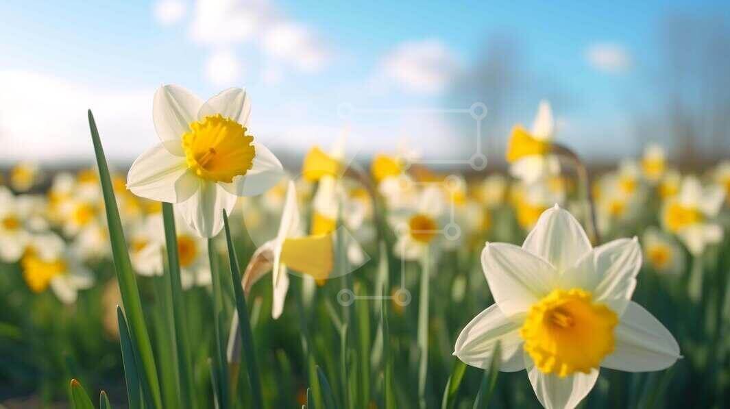 Beautiful Blooming Daffodils in Spring Field stock photo | Creative Fabrica