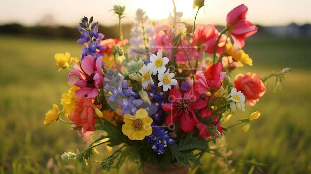 Vibrant Flower Bouquet in Sunset Landscape stock photo | Creative Fabrica