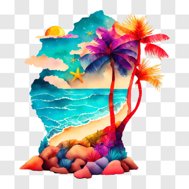 Download Tropical Beach Painting with Palm Trees and Starfish PNGs ...