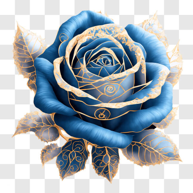 Download Intricate Blue Rose with Gold Leaves on Black Background PNGs ...
