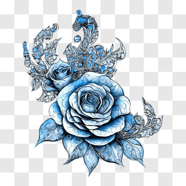 Download Blue Rose with White Flowers and Leaves - Ornamental Art PNGs ...