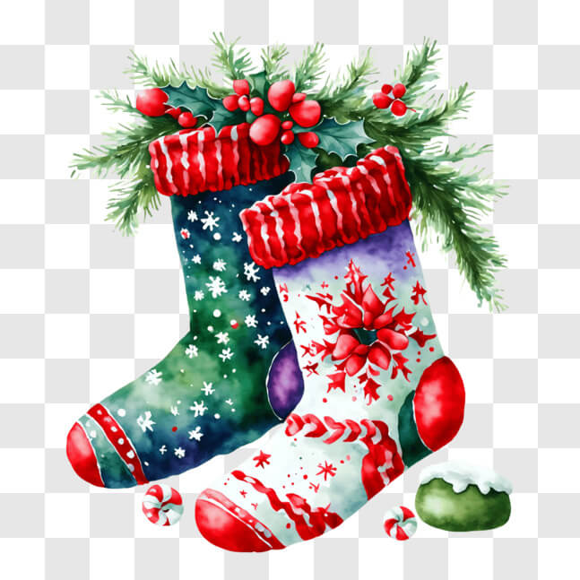 Download Colorful Christmas Socks with Holly Berries and Pine Cones ...