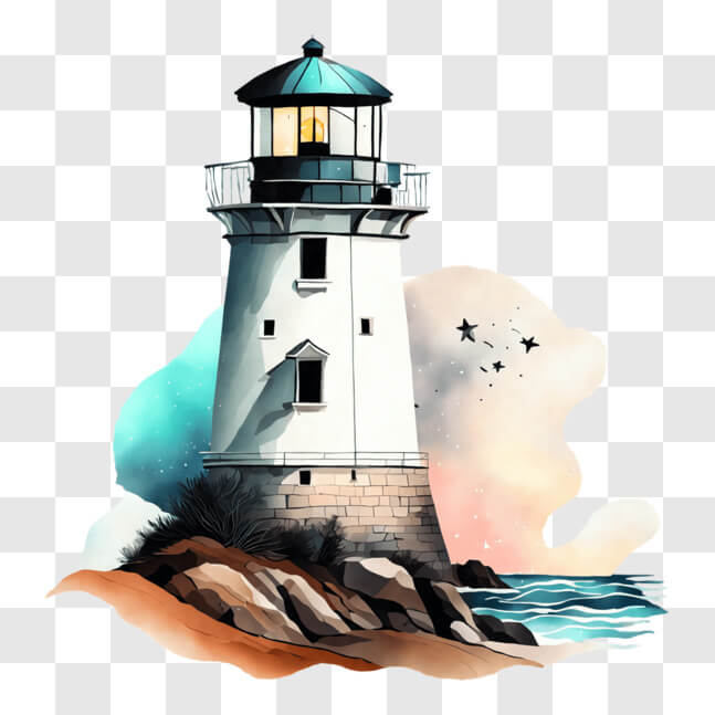 Download Lighthouse on Rocks by the Ocean with Birds in Watercolor ...