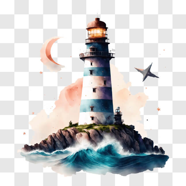 Download Lighthouse on Island with Moon and Stars PNGs Online ...