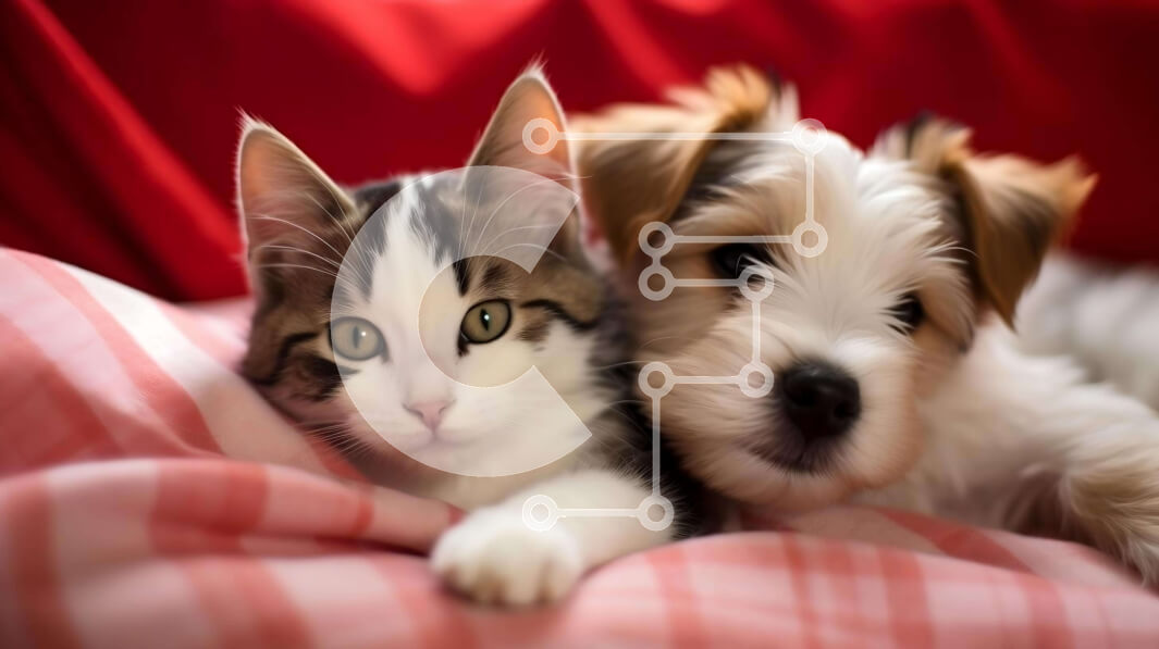 Download Dog and Cat Cuddling on Bed with Camera in Background ...