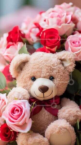 Adorable Teddy Bear and Pink Roses stock photo | Creative Fabrica