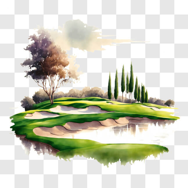Download Idyllic Watercolor Golf Course with Trees and Streams PNGs ...