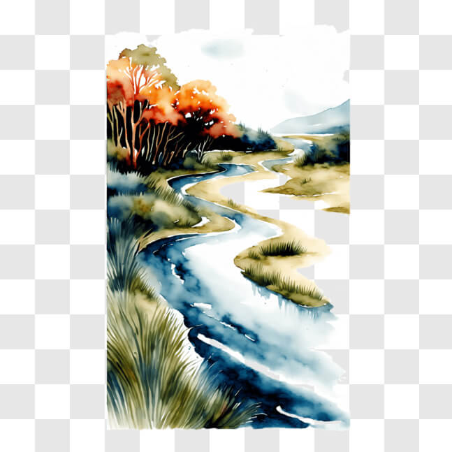 Download Abstract River Landscape Painting with Trees and Grasses PNGs ...