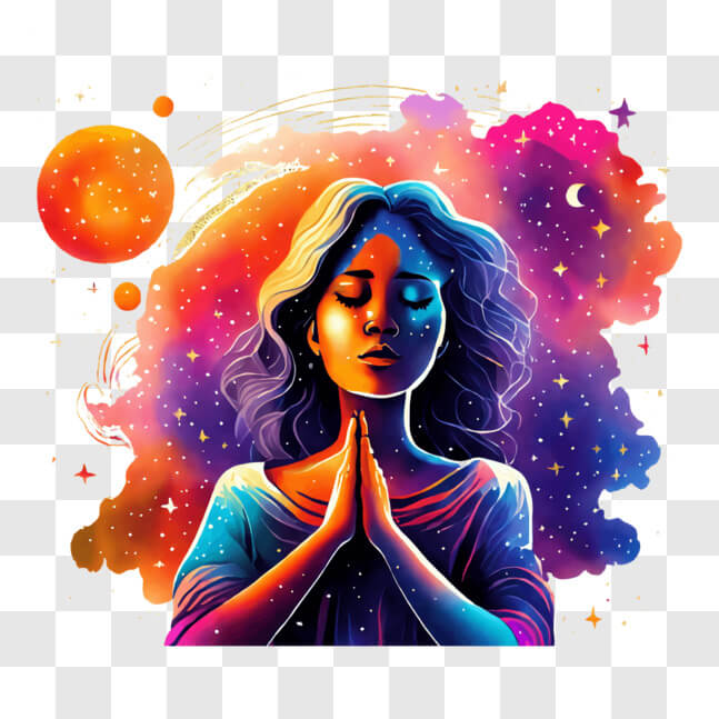 Download Woman Praying with Colorful Stars and Planets PNGs Online ...