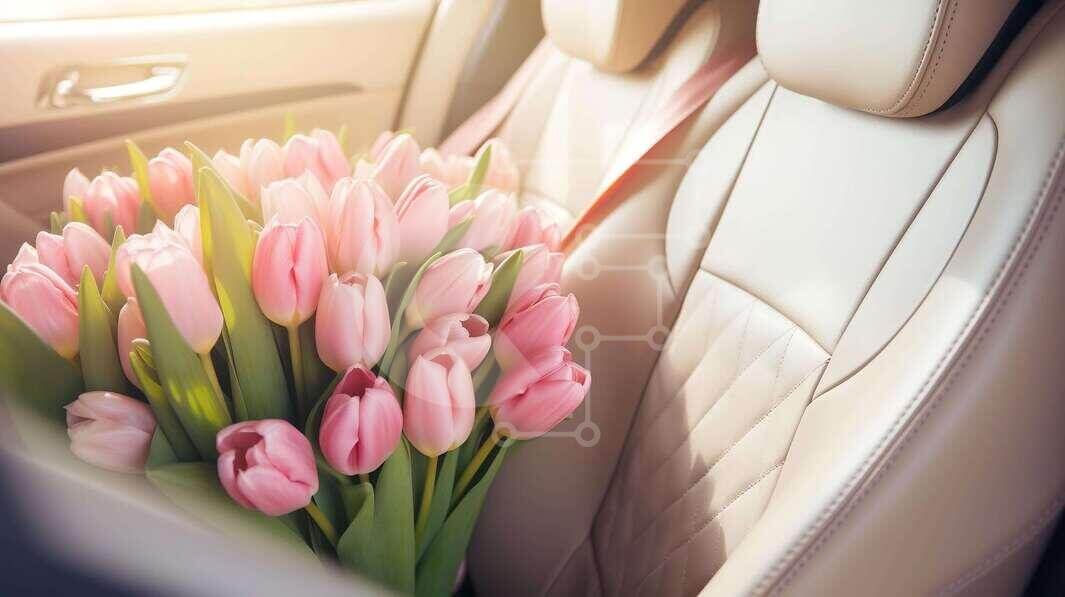 Beautiful Pink Tulips in Car stock photo | Creative Fabrica