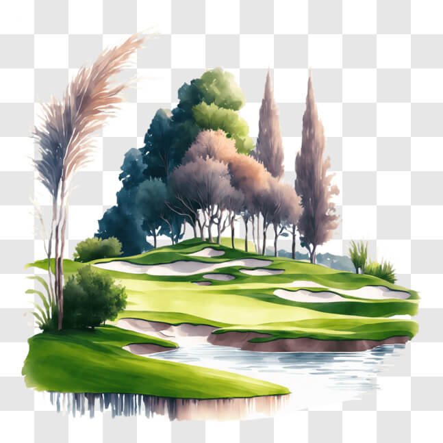 Download Scenic Golf Course Landscape with Trees, Grass, and Water PNGs ...