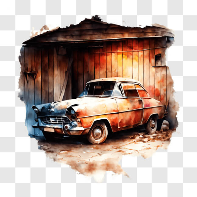 Download Vintage Watercolor Painting of an Old Rusty Car in Garage PNGs ...
