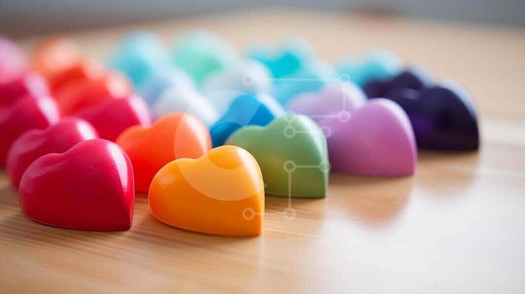 Colorful Heart-Shaped Toys Arranged on Wooden Table stock photo ...