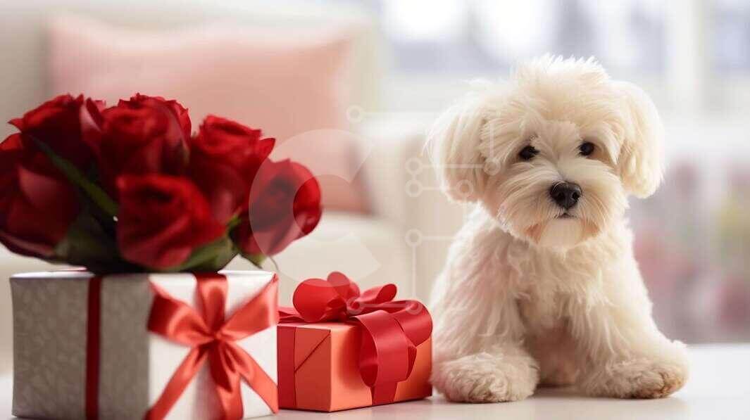 Celebrating Special Occasion with White Dog and Red Roses stock photo ...