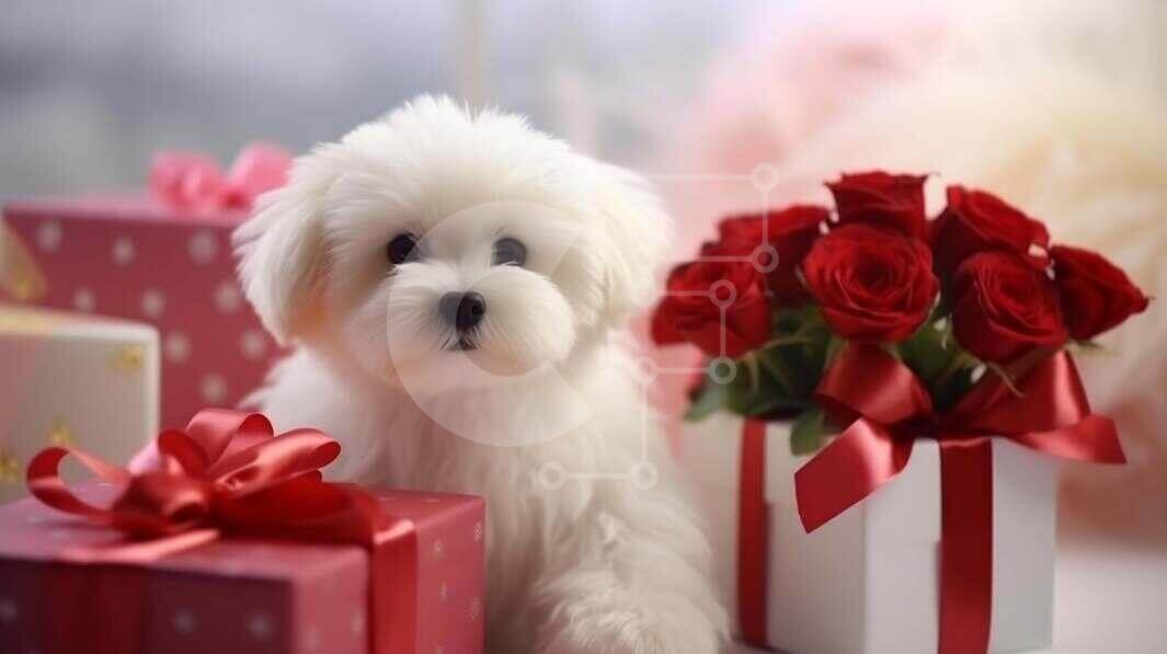 Adorable White Dog with Roses and Gifts stock photo | Creative Fabrica