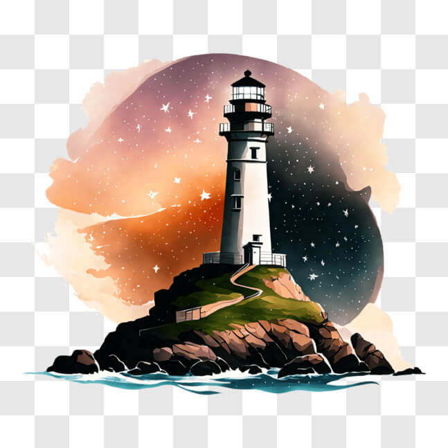 Download Lighthouse on Island with Moon and Stars PNGs Online ...