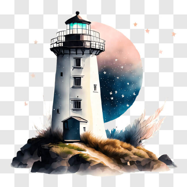 Download Lighthouse on Island with Moon and Stars PNGs Online ...