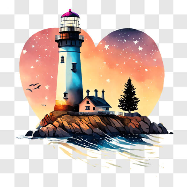 Download Heart-shaped Lighthouse on Island with Trees and Birds PNGs ...