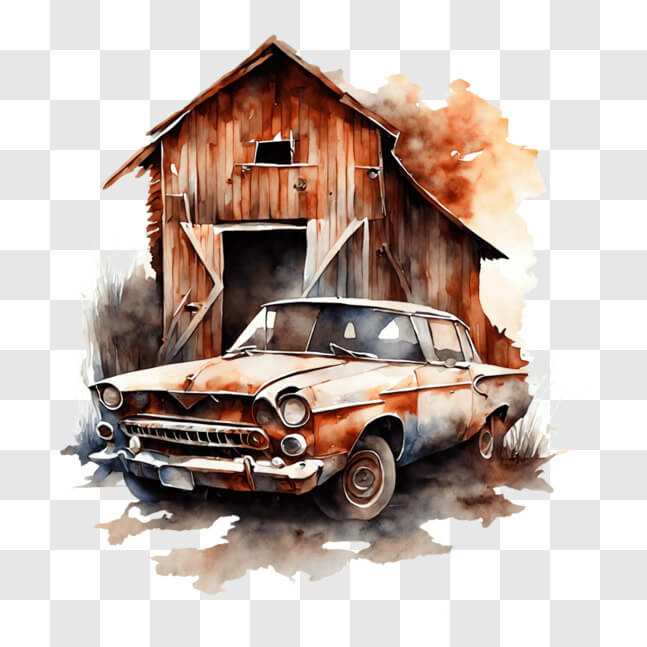 Download Rustic Watercolor Painting of Old Car and Barn PNGs Online ...