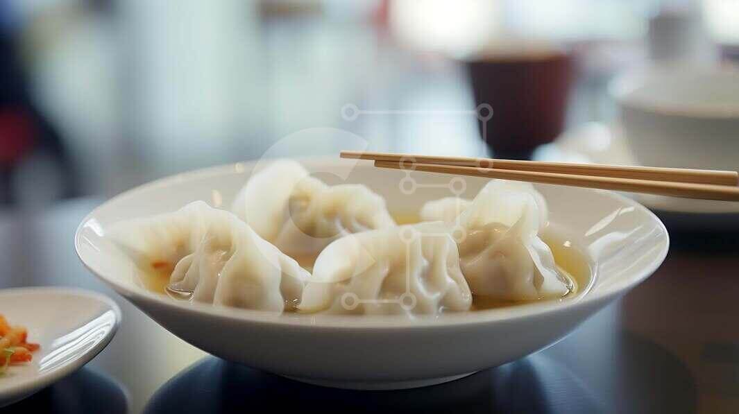 Ready-to-eat Dumplings and Chopsticks on Table stock photo | Creative ...