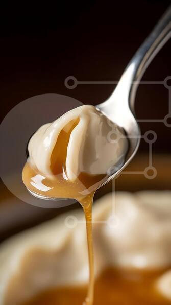 Spoon Drizzling Chocolate or Caramel Sauce on Dessert stock photo ...