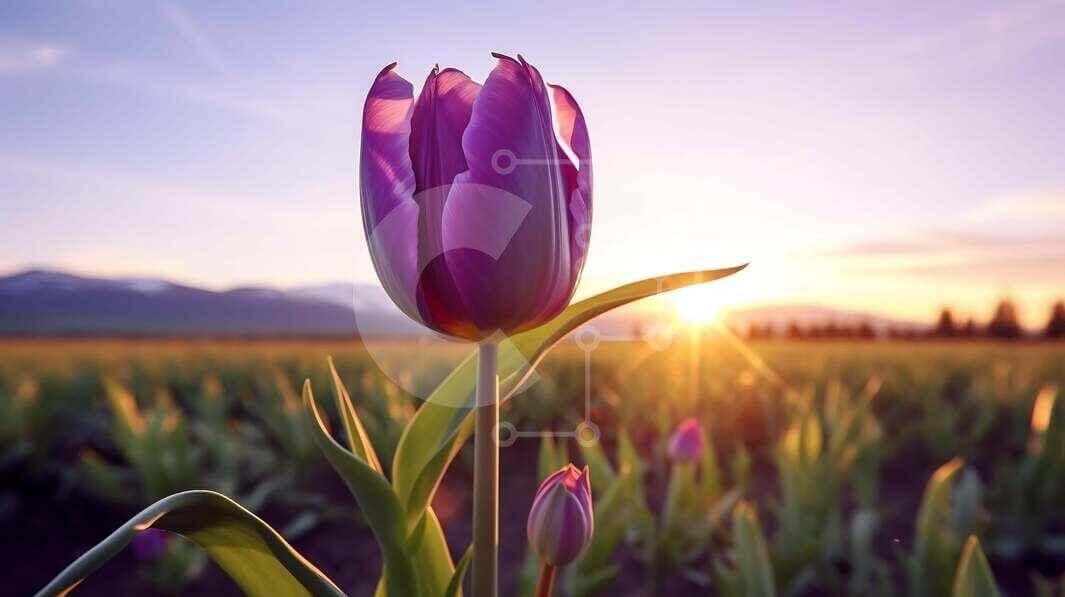 Breathtaking Sunset Scene with a Single Purple Tulip stock photo ...